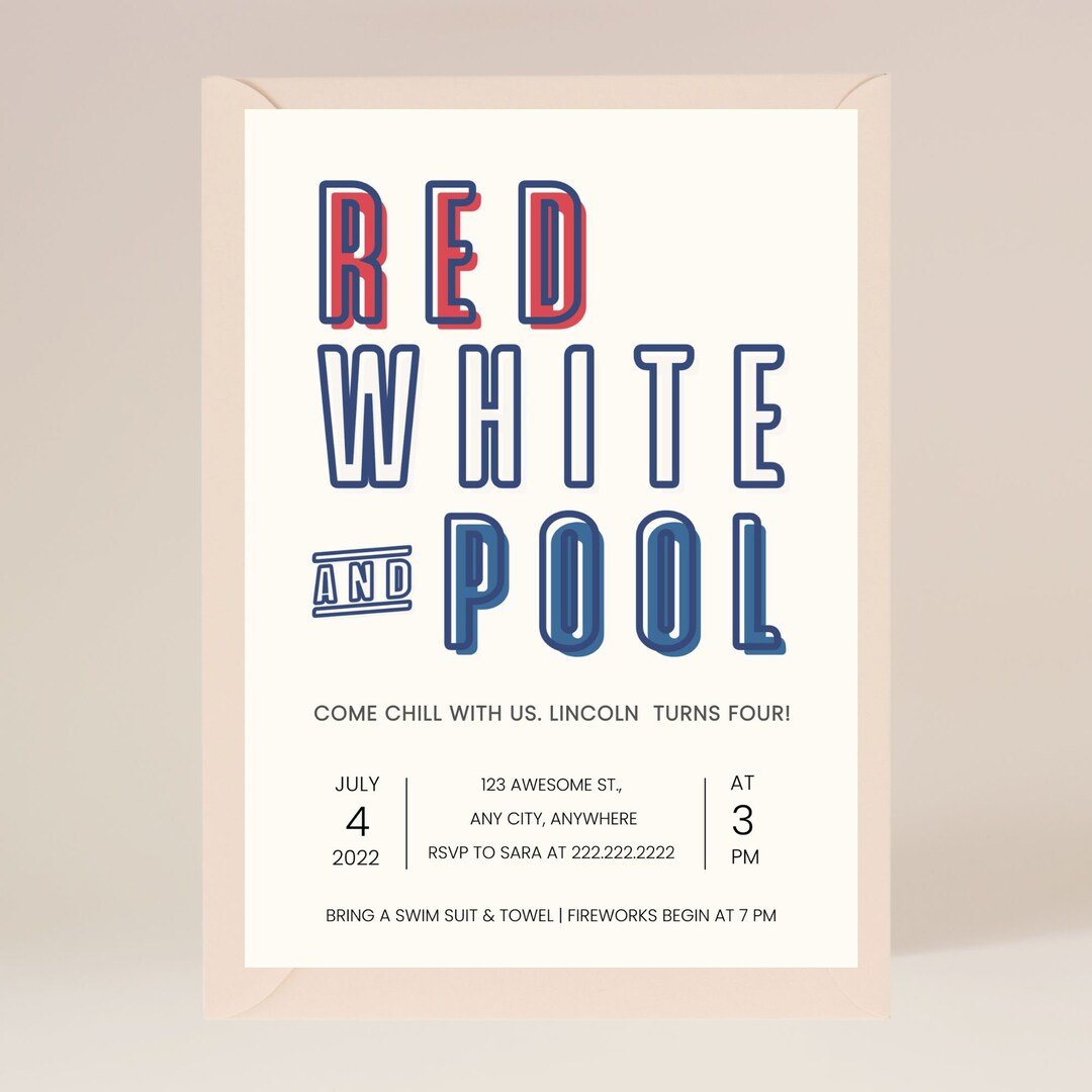 Red, White, and Pool Party Invitation | Editable on Corjl | 4th of July ...