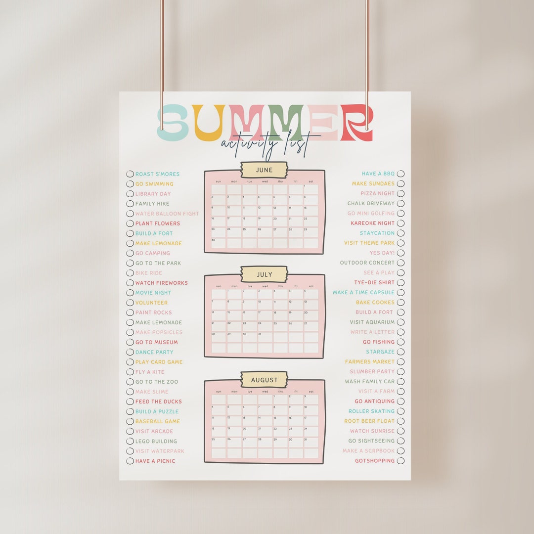 Editable Summer Calendar Poster Printable | Activity List | Bucket List ...