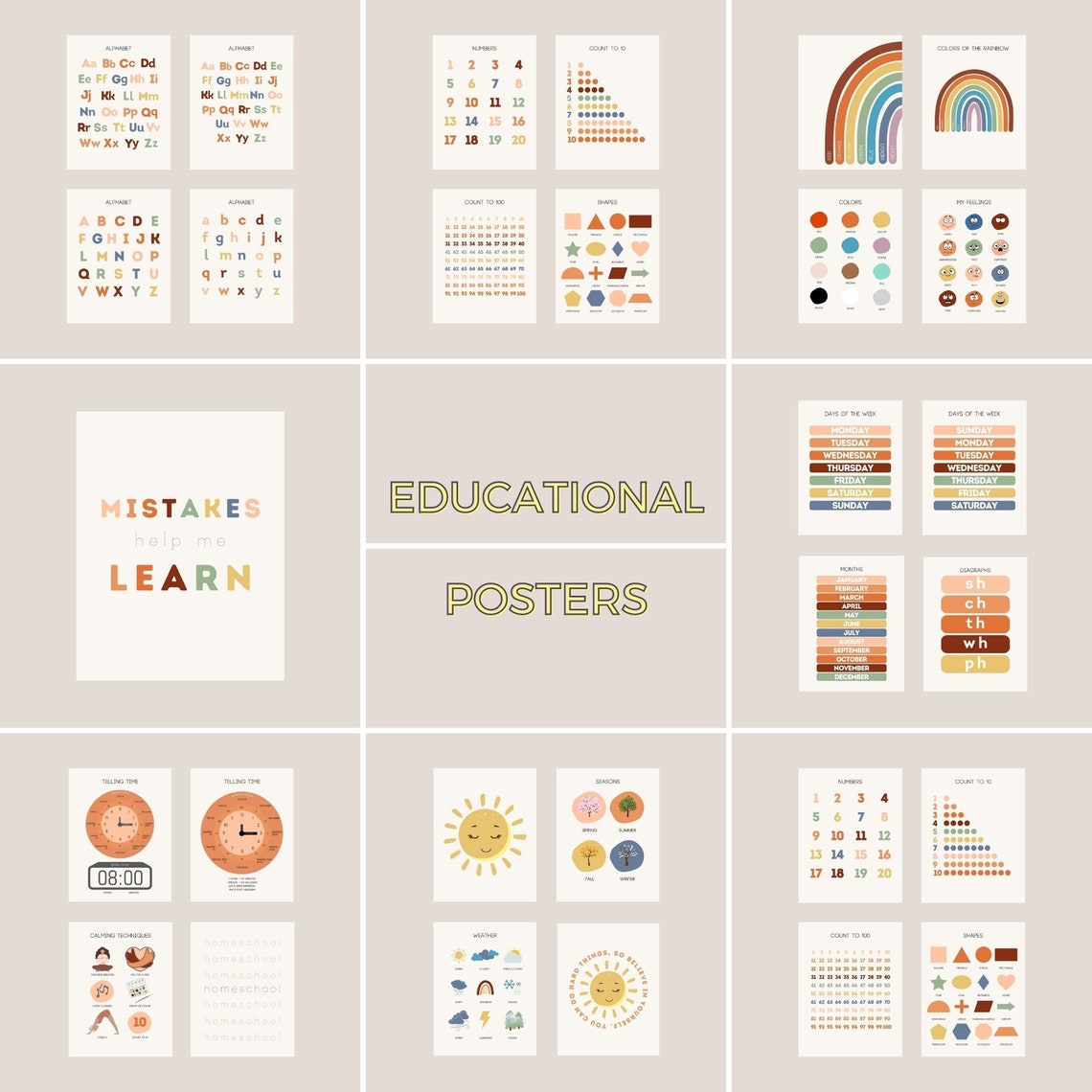 BOHO Educational Poster Bundle Instant Download Printable Homeschool ...