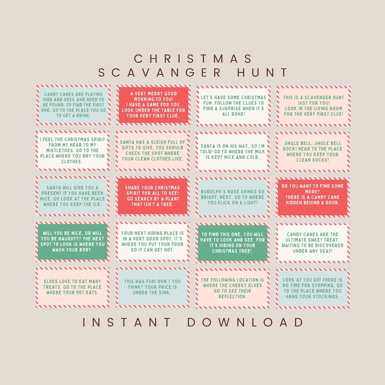 Christmas Scavenger Treasure Hunt Game Cards | Instant Download - Etsy