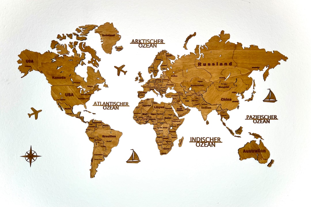 3D Wooden World Map 150 X 90 Cm Monochrome in German Wall - Etsy