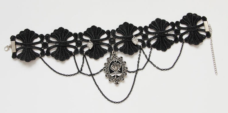 Gothic Black Lace Choker Vintage Neckband Rose Pendant Lace Etsy