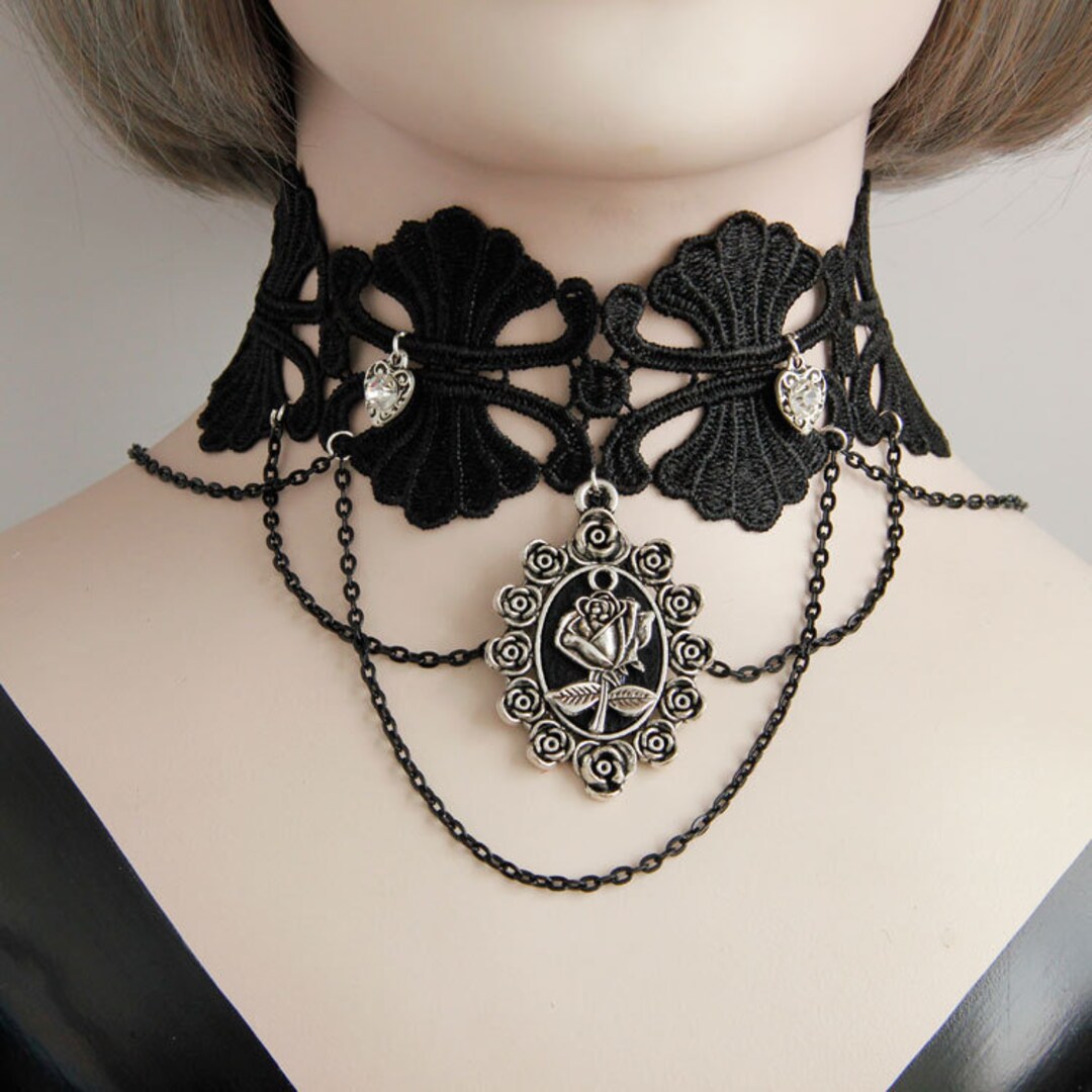 Gothic Black Lace Choker Vintage Neckband Rose Pendant Lace Etsy