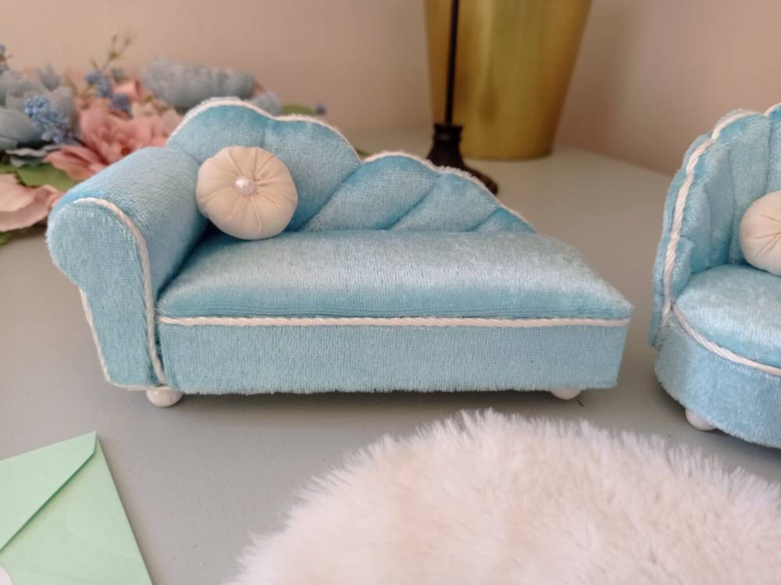 Miniature Dollhouse Sofa and Armchair Set 1:12 Scale, Doll Couch and ...
