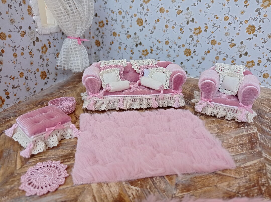 Miniature Pink Dollhouse Sofa and Armchair Set 1:24 Scale, Doll Couch ...