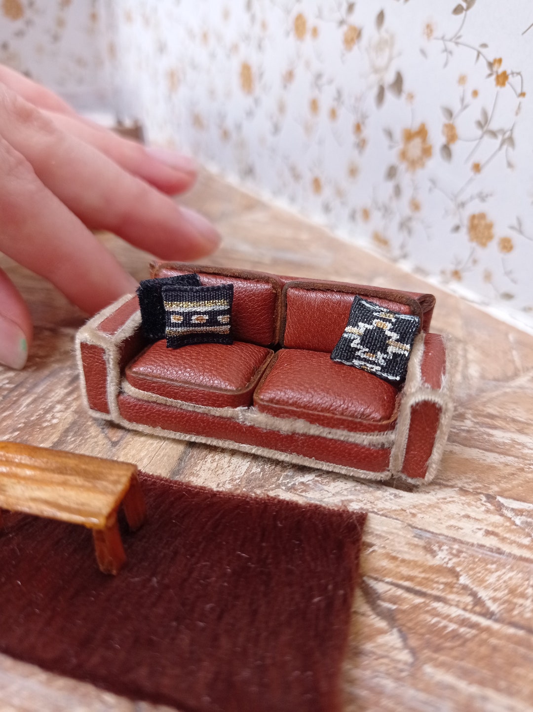 Miniature Sofa 1:48, Miniature Leather Sofa, Collectible Miniature Sofa ...