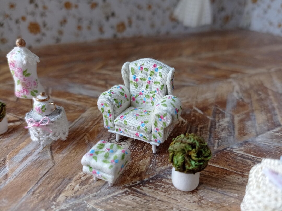 Miniature Floral Doll Chair With Footstool 1:48 Scale, Miniature ...