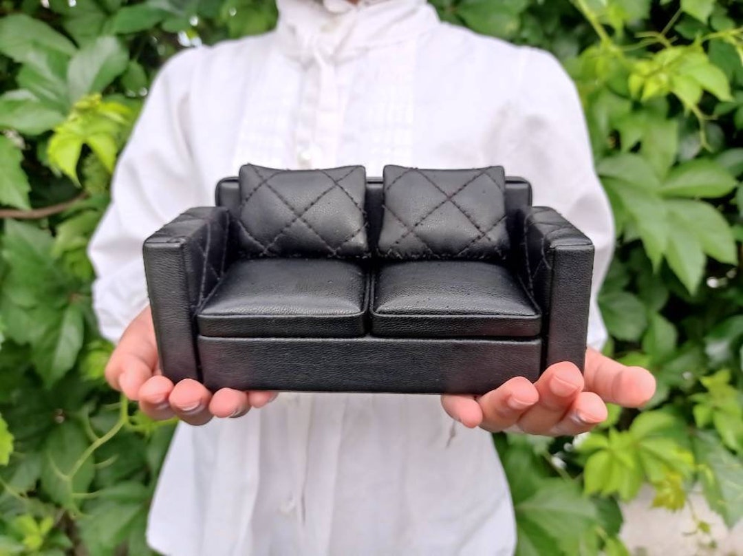 Miniature Sofa 1:12, Black Leather Miniature Sofa, Miniature Couch ...