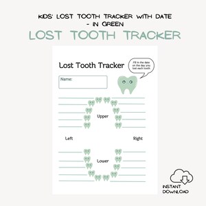 Kids Lost Tooth Tracker in Green Children's Lost Tooth Chart Lost Tooth ...
