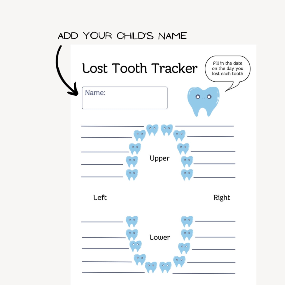 Kids Lost Tooth Tracker in Blue Children's Lost Tooth Chart Lost Tooth ...