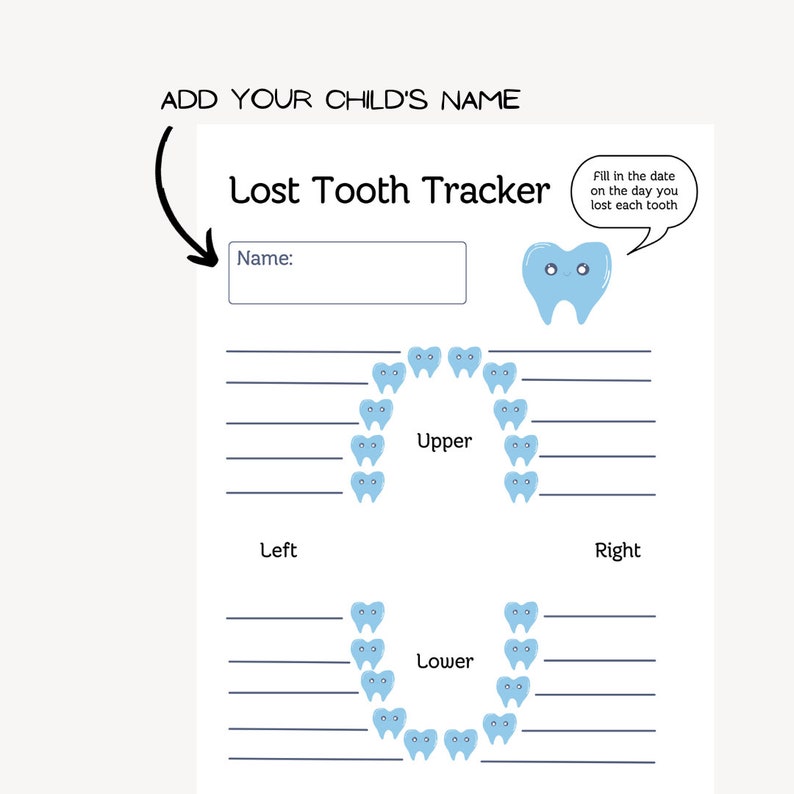 Kids Lost Tooth Tracker in Blue Children's Lost Tooth Chart Lost Tooth ...