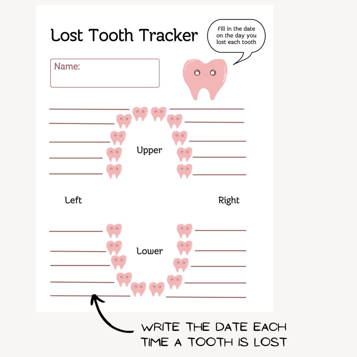 Kids Lost Tooth Tracker in Pink Children's Lost Tooth Chart Lost Tooth ...