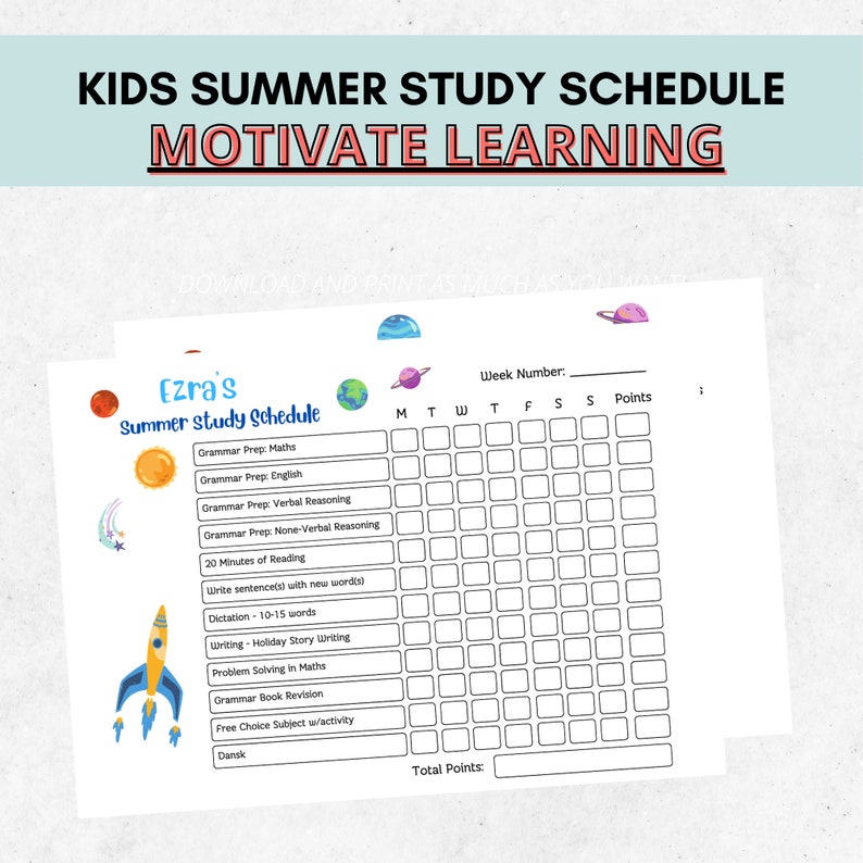 Kids Summer Study Schedule Printable Kids Schedule Daily Learning ...