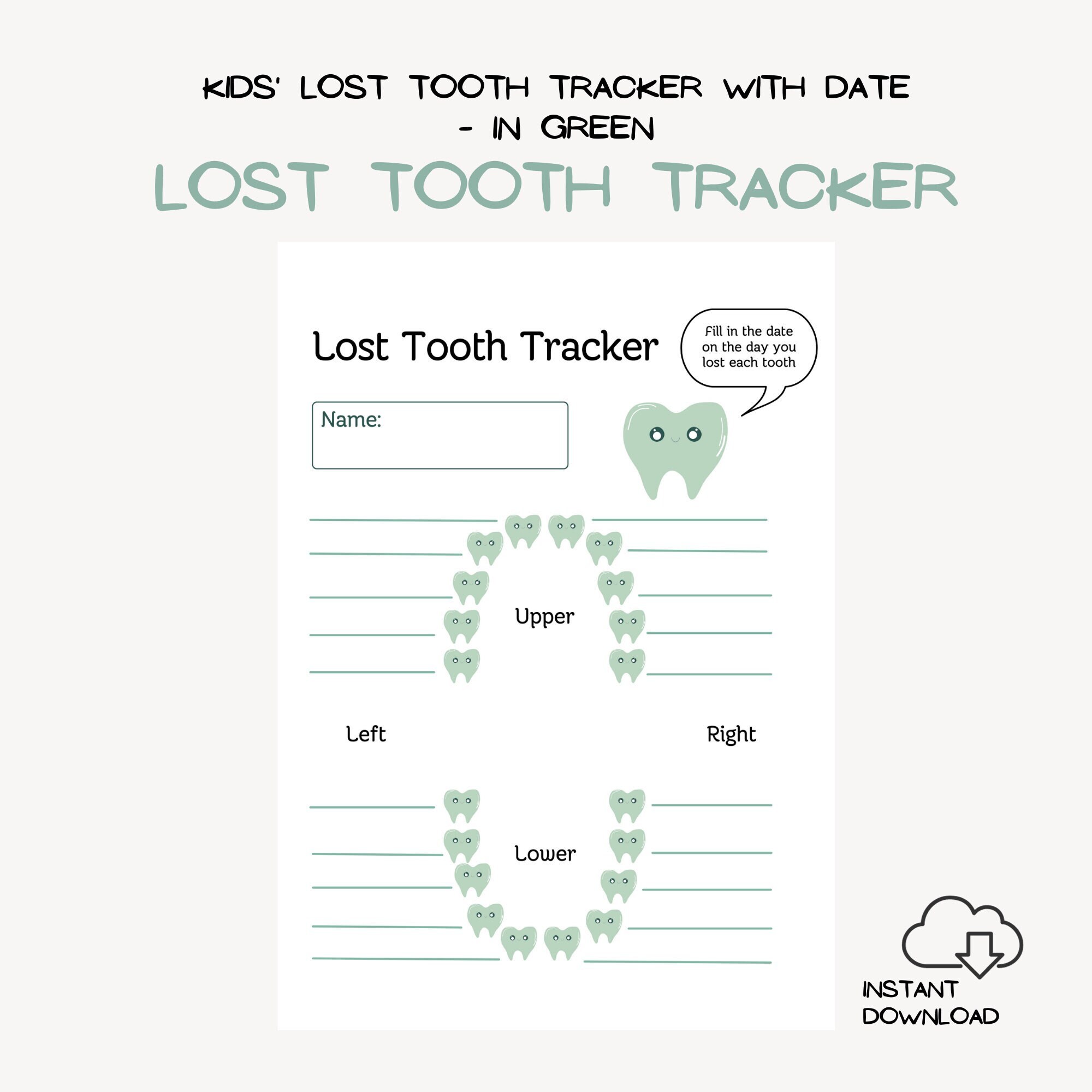 Kids Lost Tooth Tracker in Green Children's Lost Tooth Chart Lost Tooth ...