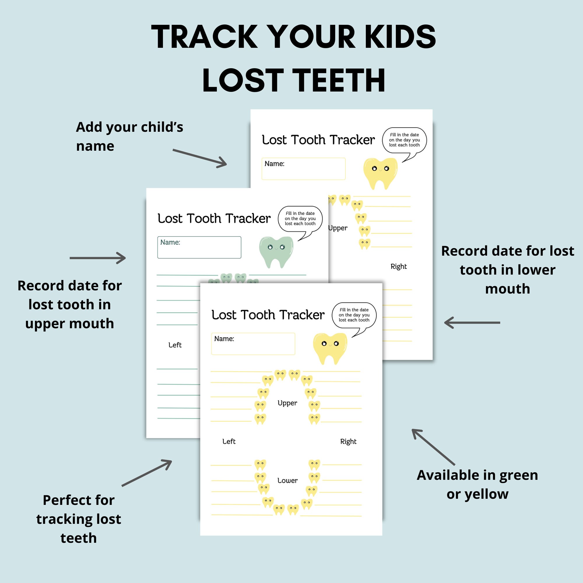 Kids Lost Tooth Tracker in Green & Yellow Children's Lost Tooth Chart ...