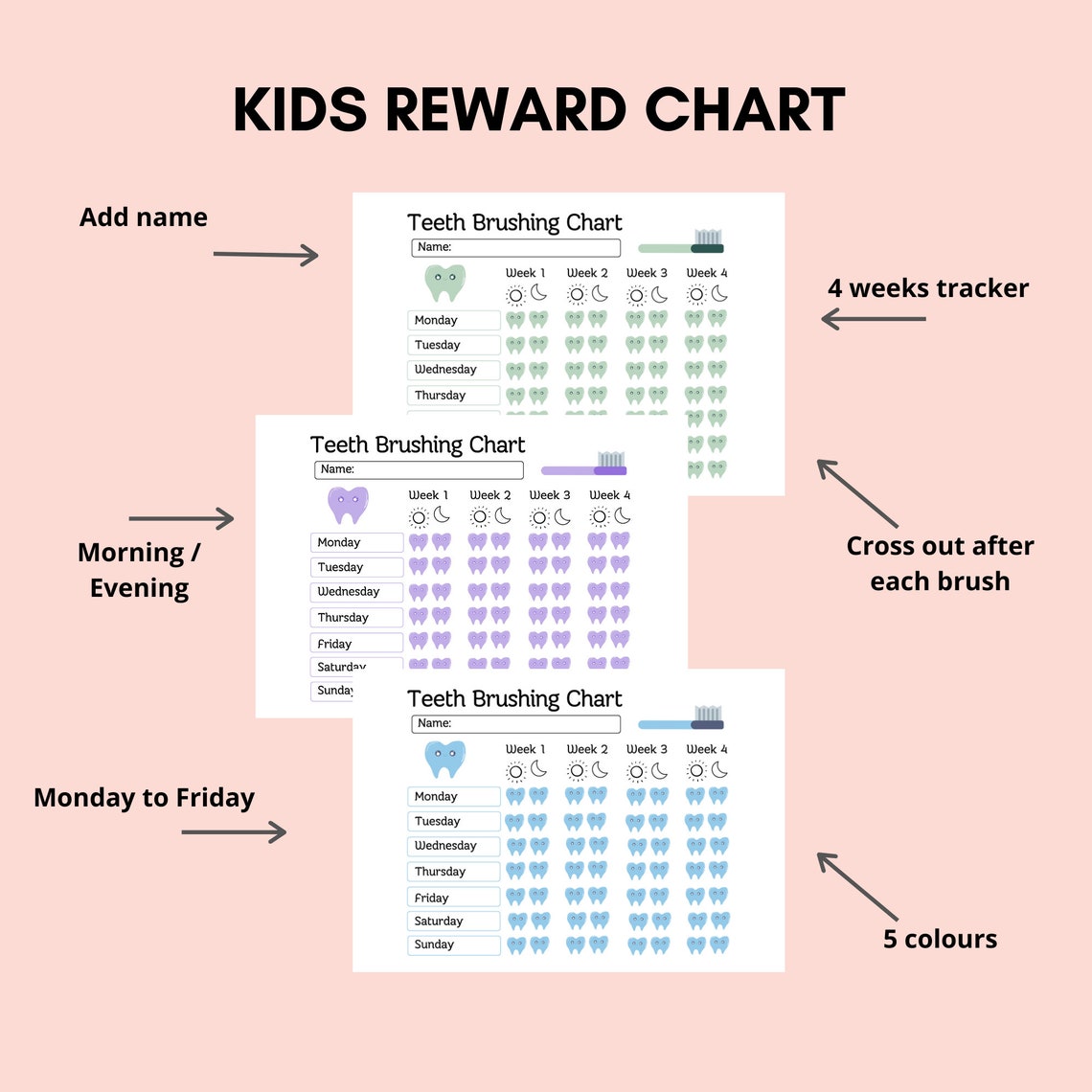 Kids Teeth Brushing Chart Teeth Brushing Tracker Kids Routine Schedule ...