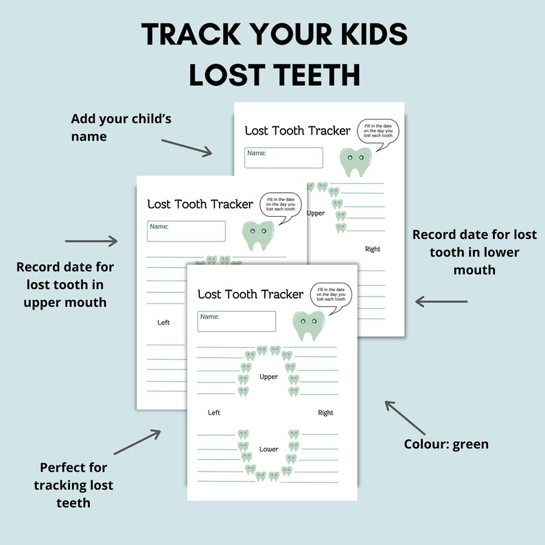 Kids’ Lost Tooth Tracker in Green | Children's Lost Tooth Chart | Lost ...