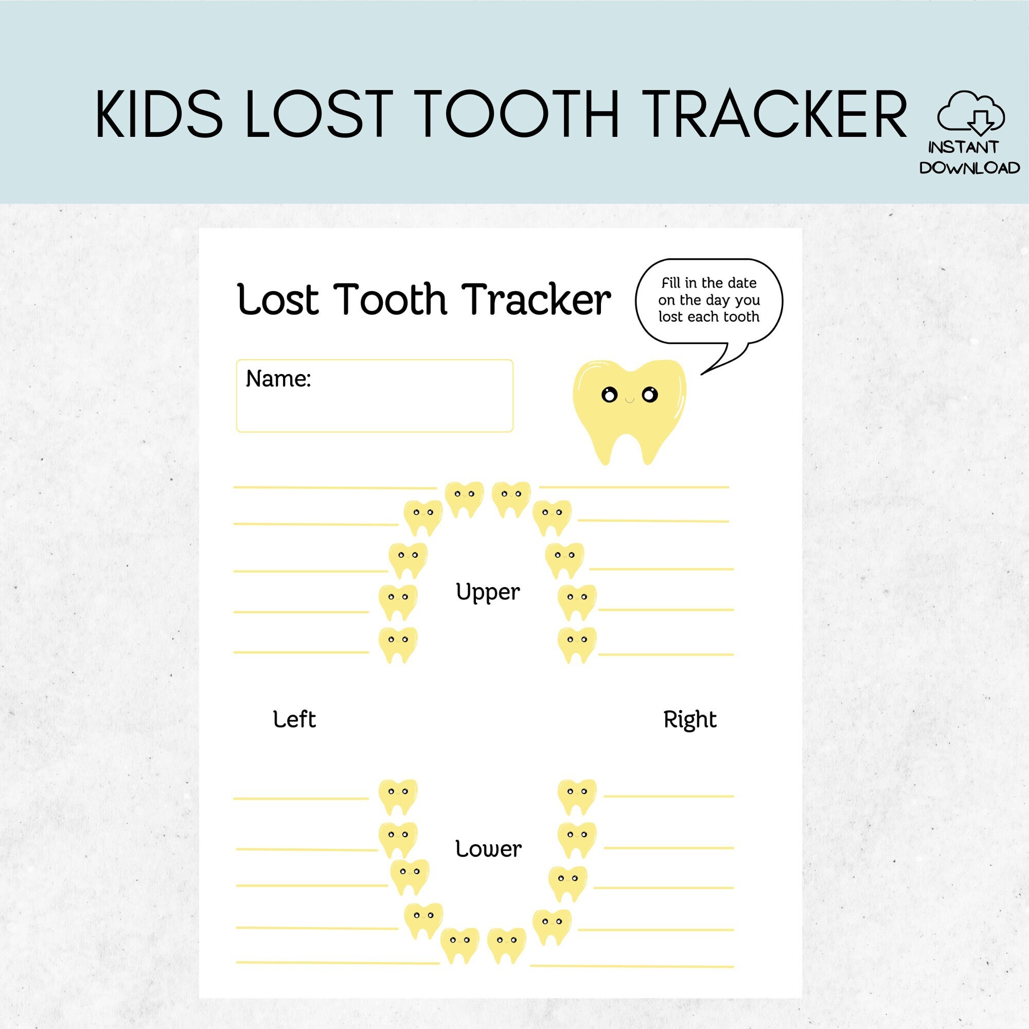 Kids Lost Tooth Tracker in Yellow Children's Lost Tooth Chart Lost ...