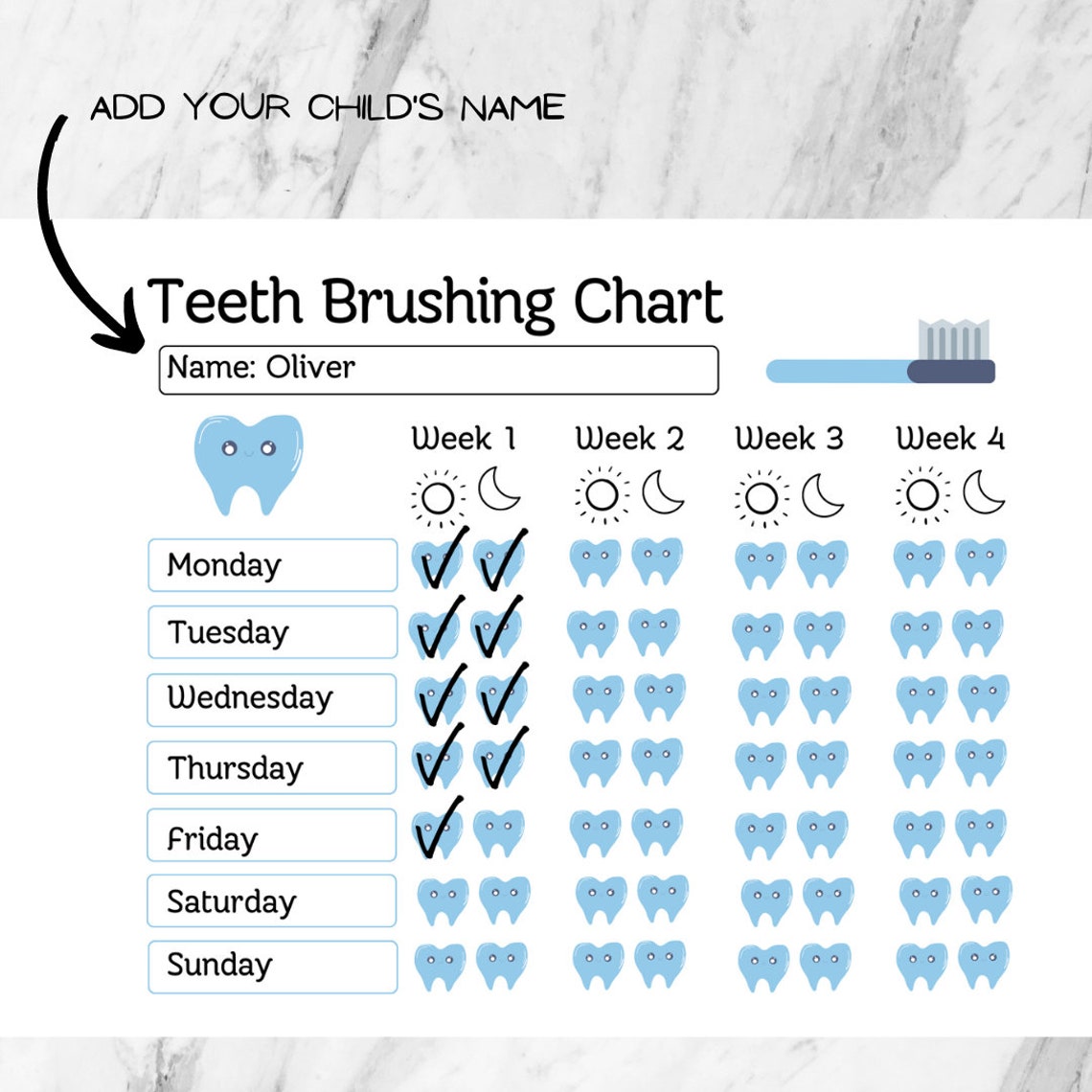 Kids Teeth Brushing Chart Teeth Brushing Tracker Kids Routine Schedule ...