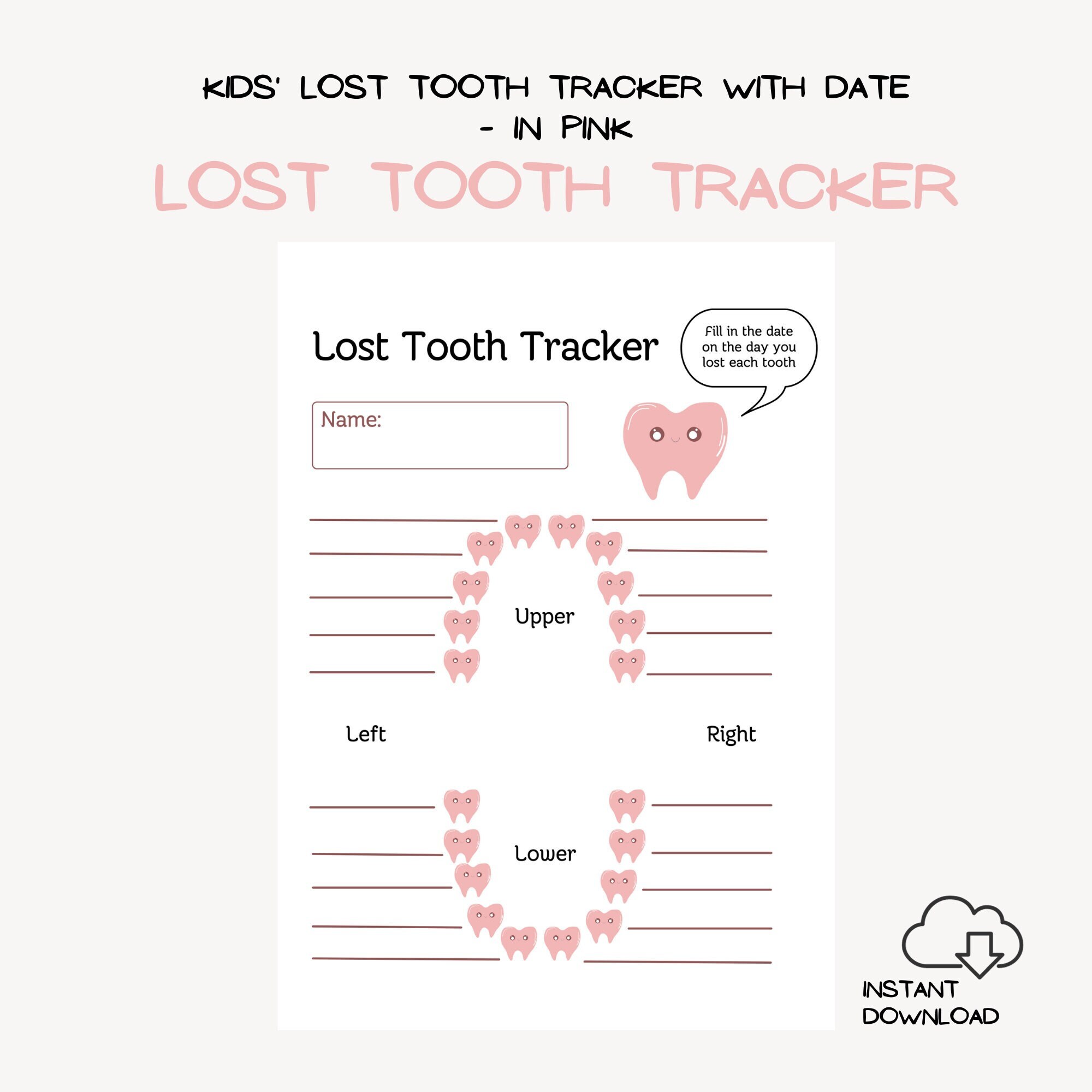 Kids Lost Tooth Tracker in Pink Children's Lost Tooth Chart Lost Tooth ...