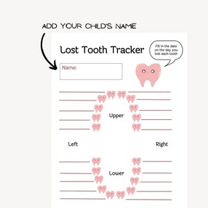 Kids Lost Tooth Tracker in Pink Children's Lost Tooth Chart Lost Tooth ...