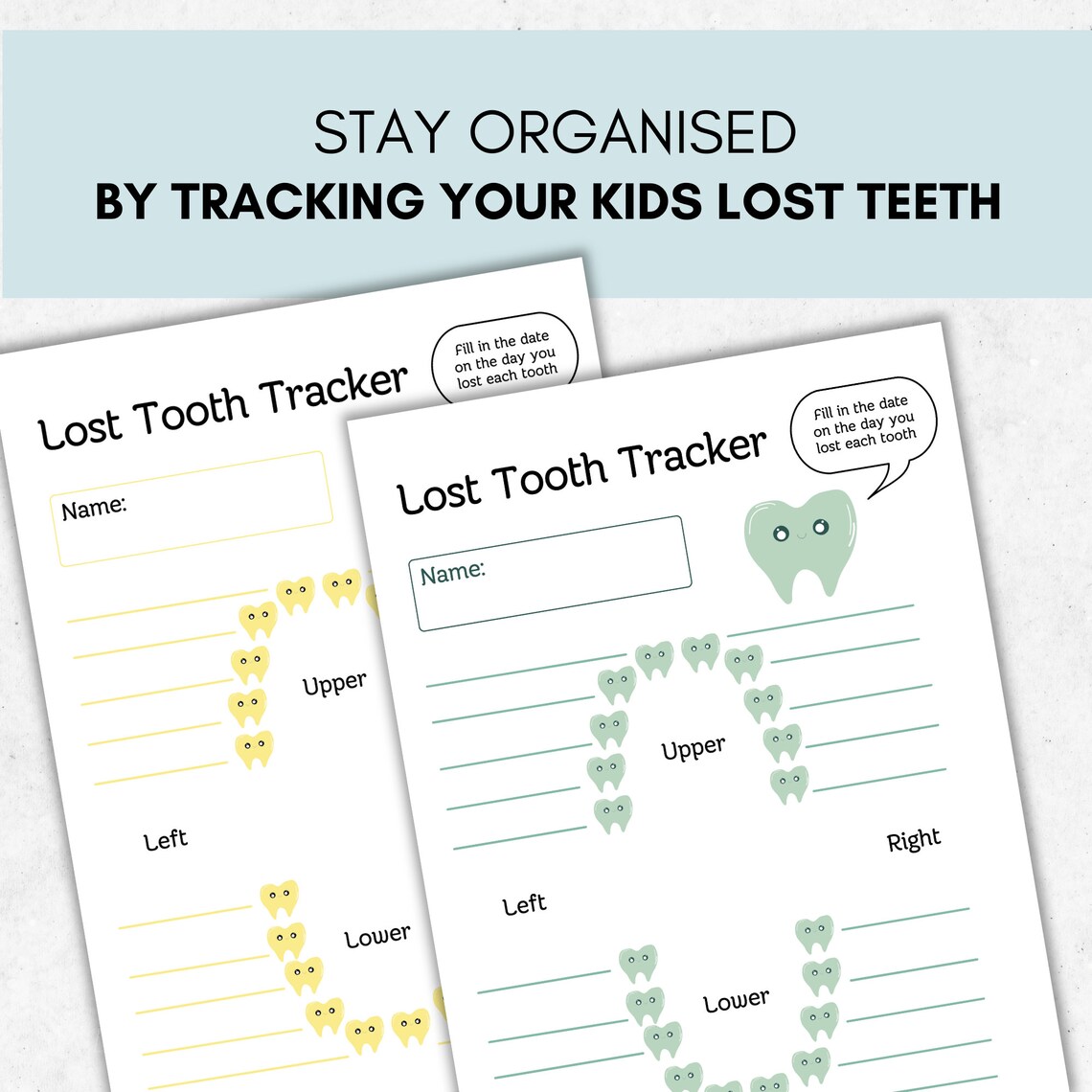 Kids Lost Tooth Tracker in Green & Yellow Children's Lost Tooth Chart ...
