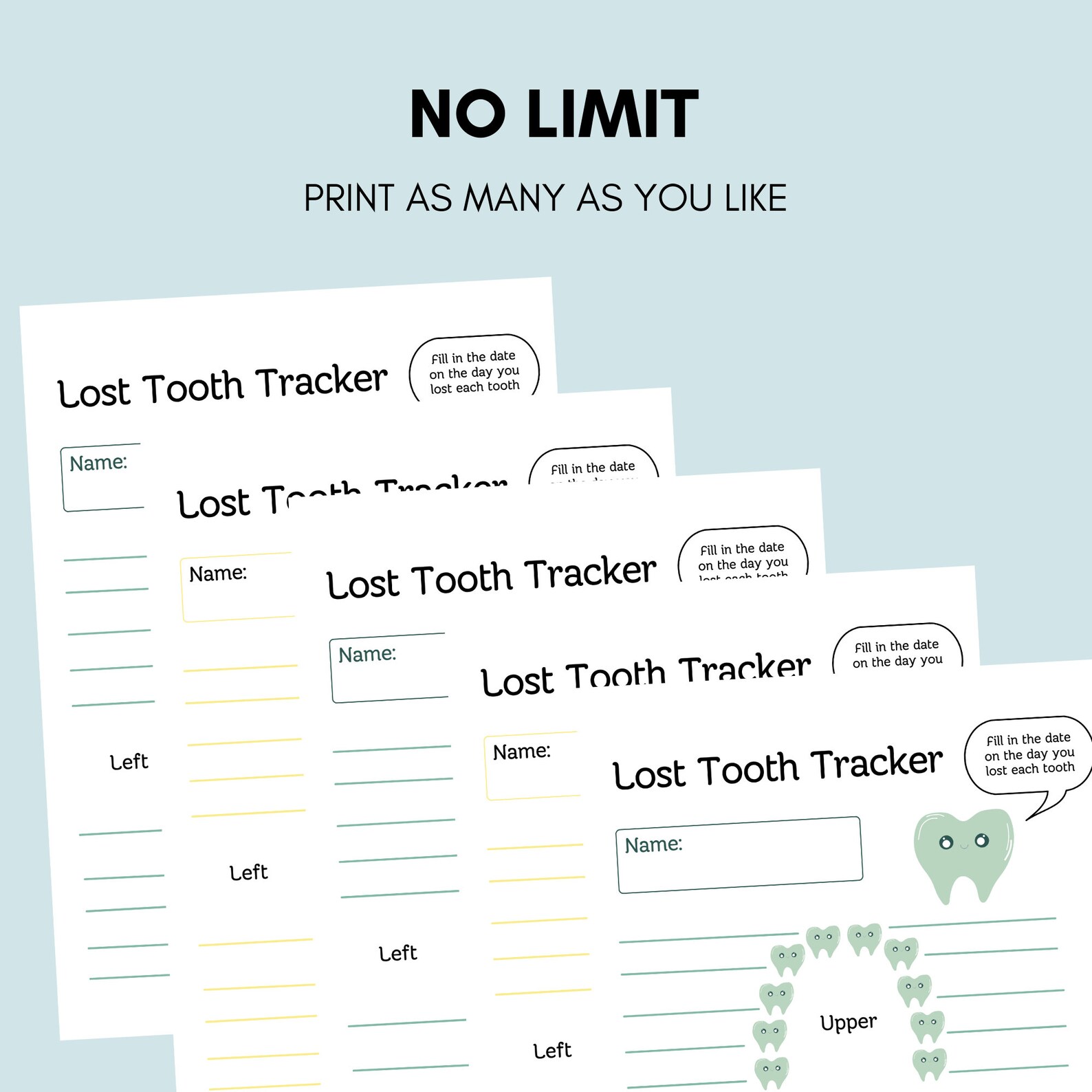 Kids Lost Tooth Tracker in Green & Yellow Children's Lost Tooth Chart ...