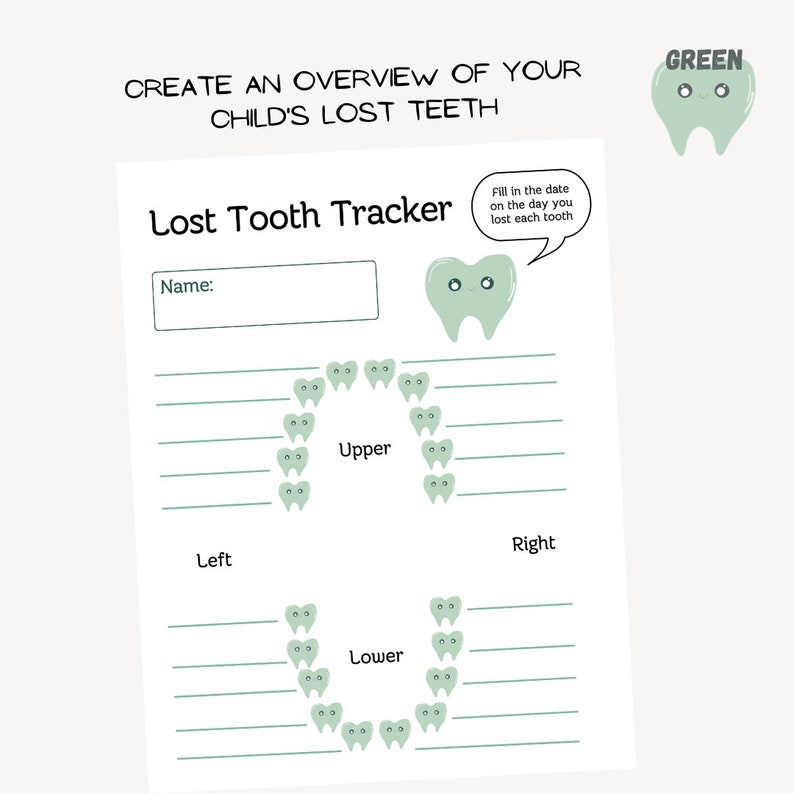Kids Lost Tooth Tracker in Green Children's Lost Tooth Chart Lost Tooth ...
