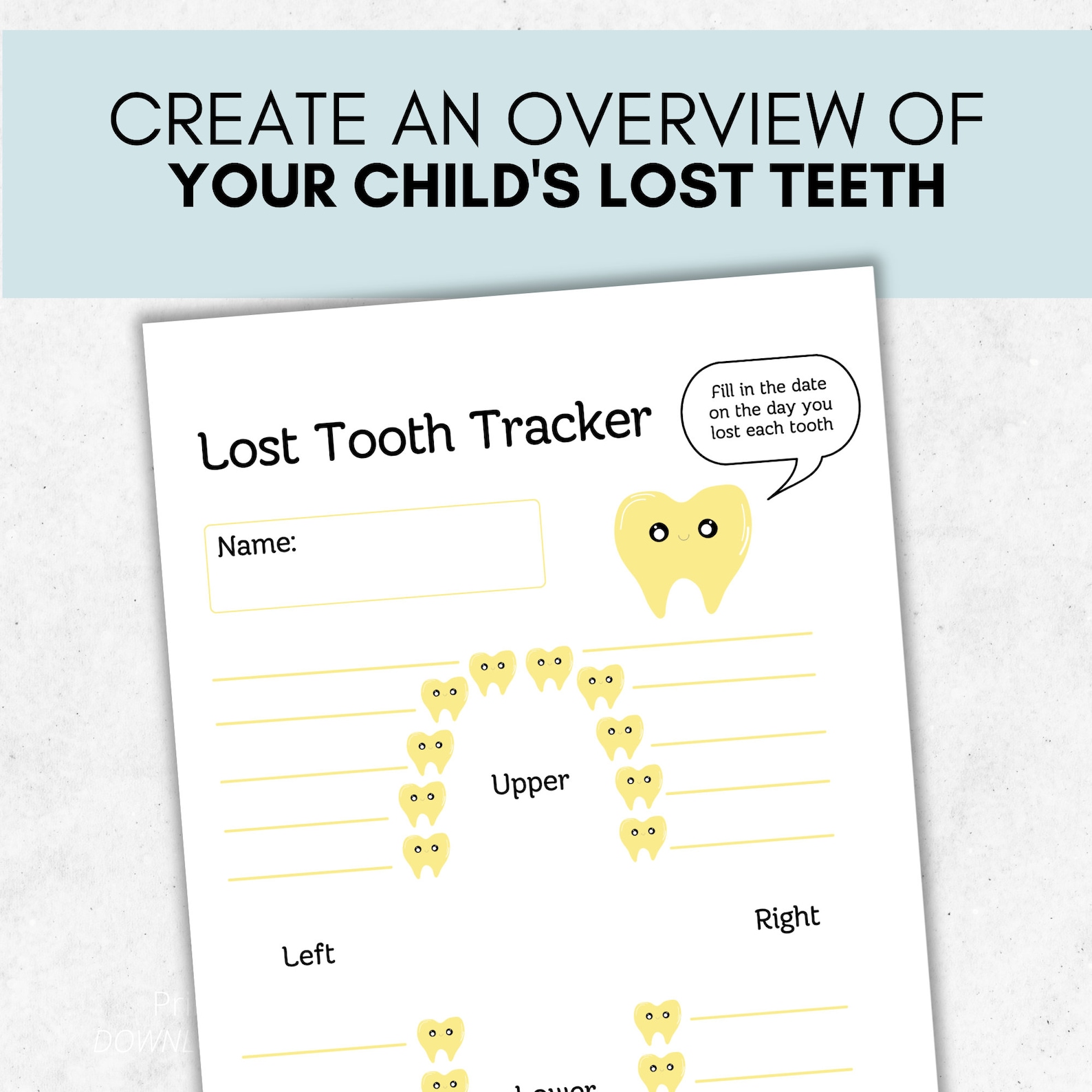 Kids Lost Tooth Tracker in Yellow Children's Lost Tooth Chart Lost ...