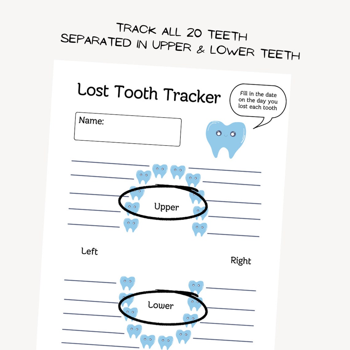 Kids Lost Tooth Tracker in Blue Children's Lost Tooth Chart Lost Tooth ...