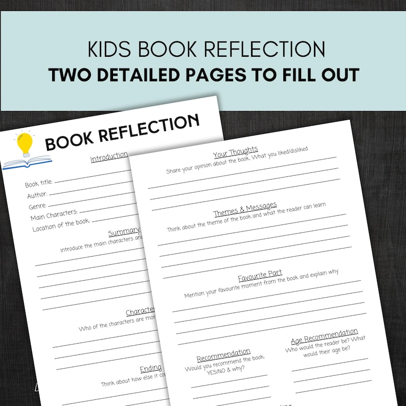 Kids Book Reflection Sheet: Educational Book Report Template (digital ...