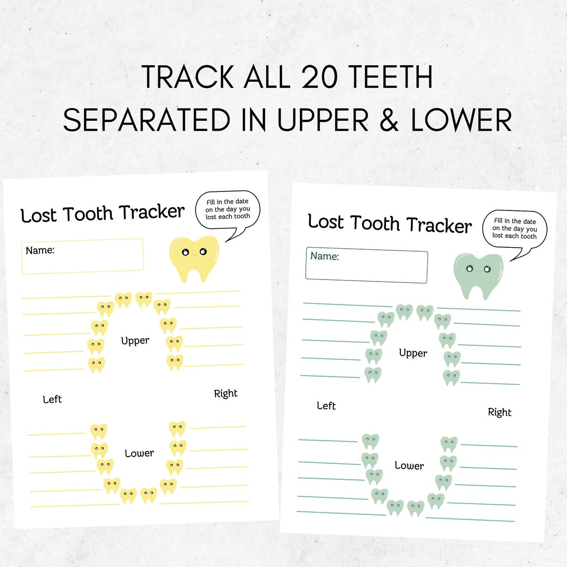 Kids Lost Tooth Tracker in Green & Yellow Children's Lost Tooth Chart ...