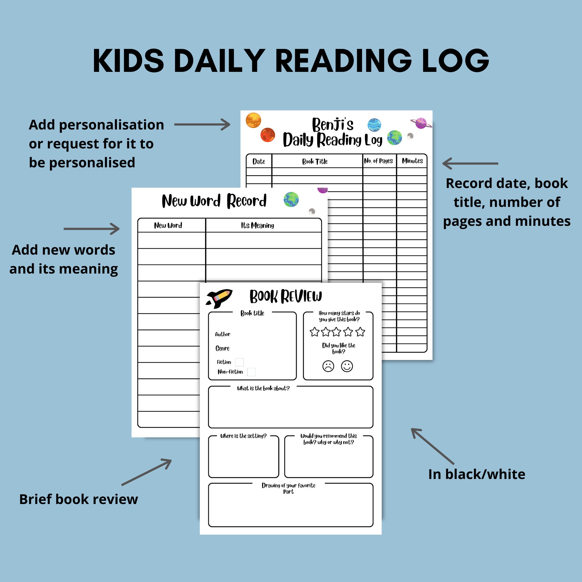 Kids Reading Log | Personalized Kids Reading Chart | Daily Reading ...