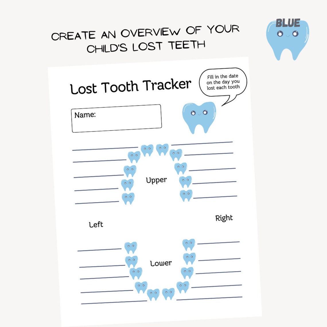 Kids Lost Tooth Tracker in Blue Children's Lost Tooth Chart Lost Tooth ...