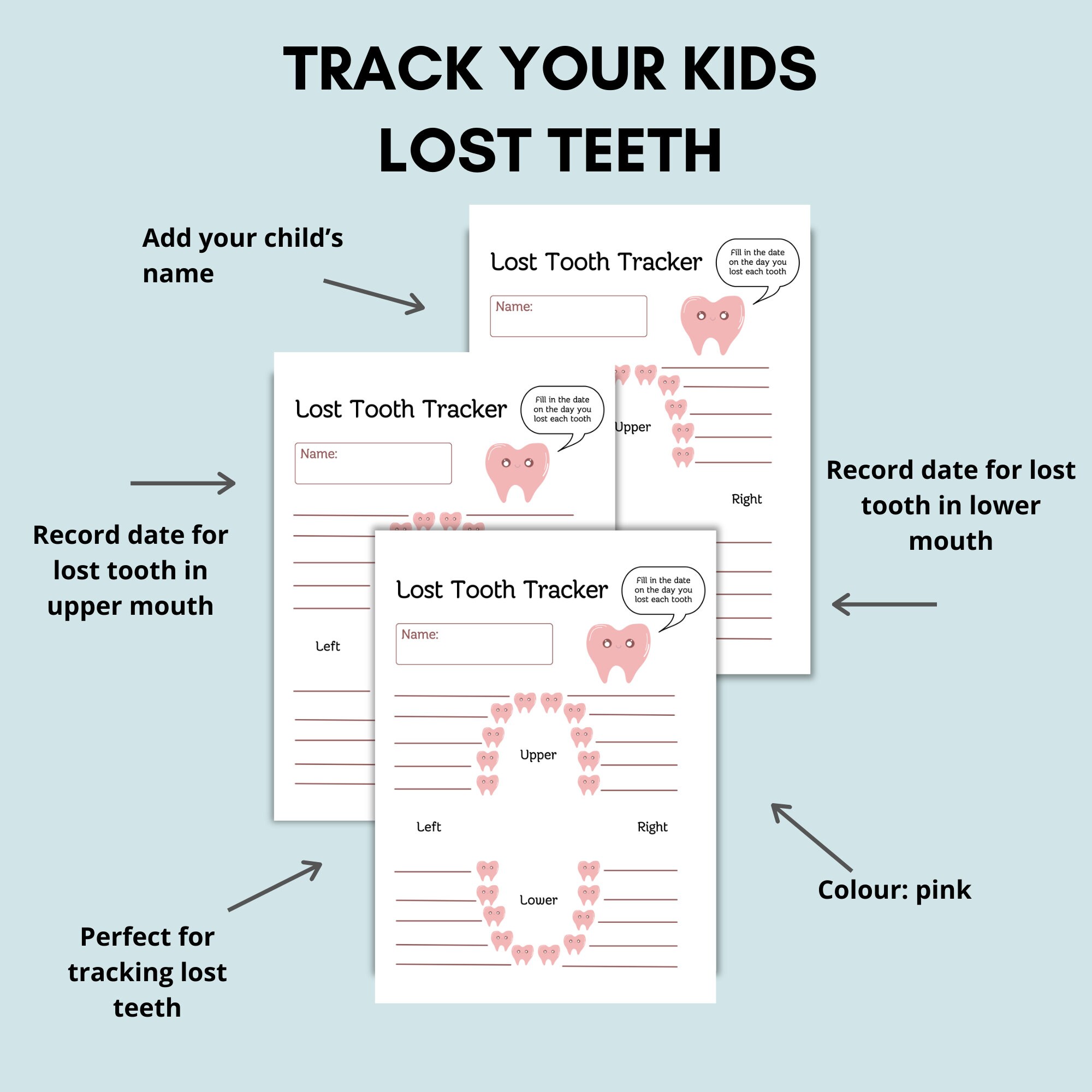Kids Lost Tooth Tracker in Pink Children's Lost Tooth Chart Lost Tooth ...