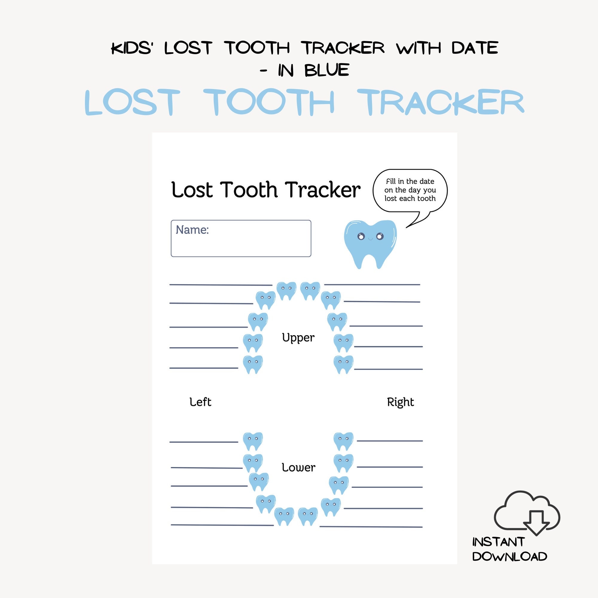 Kids Lost Tooth Tracker in Blue Children's Lost Tooth Chart Lost Tooth ...