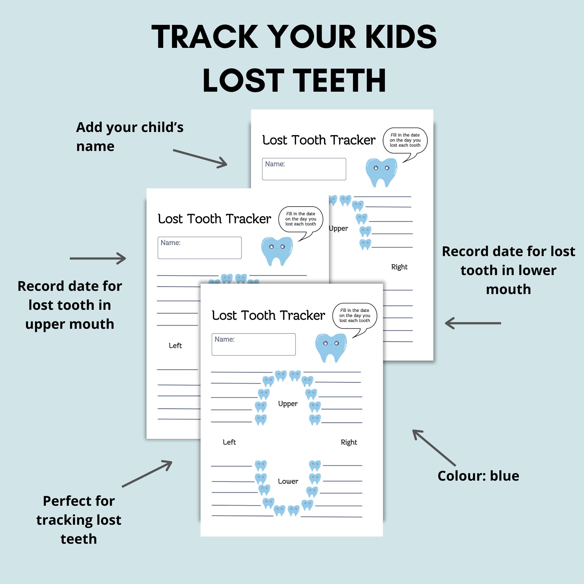 Kids Lost Tooth Tracker in Blue Children's Lost Tooth Chart Lost Tooth ...
