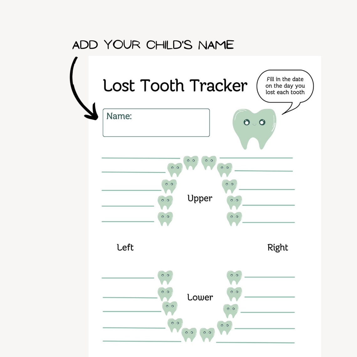 Kids Lost Tooth Tracker in Green Children's Lost Tooth Chart Lost Tooth ...