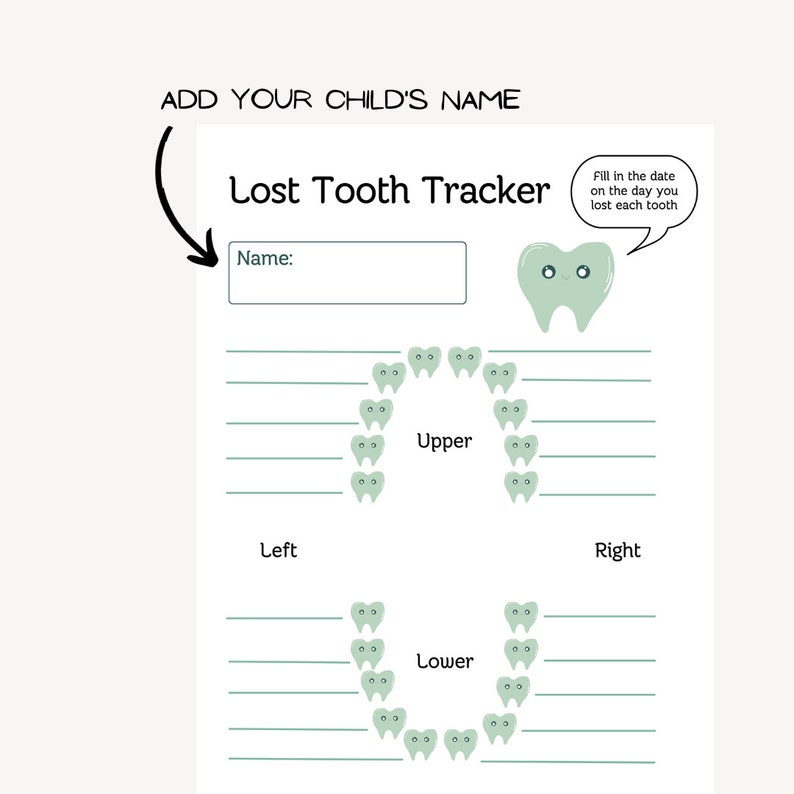 Kids Lost Tooth Tracker in Green Children's Lost Tooth Chart Lost Tooth ...