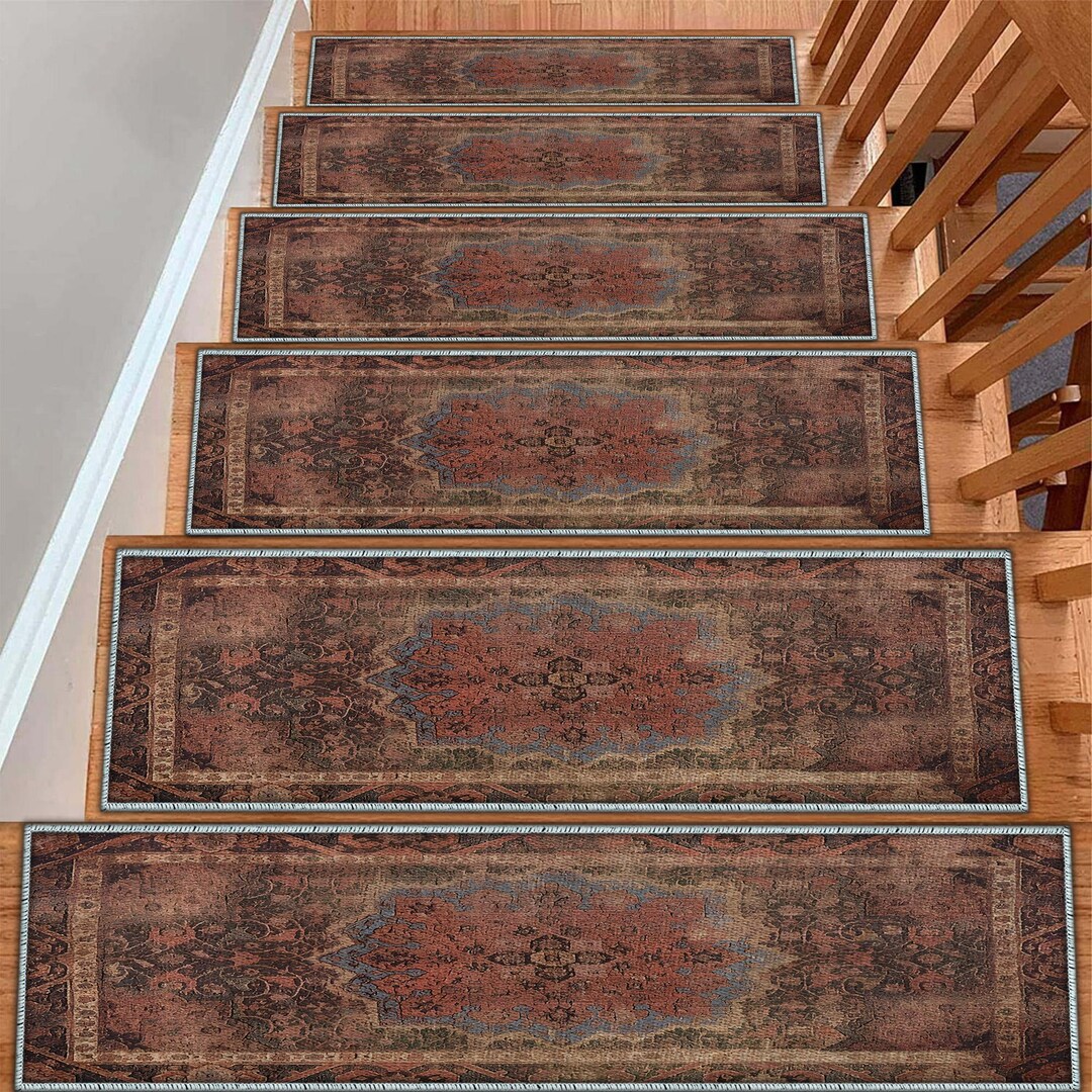 Custom Size Ethnic Stair Rug - Faded Step Rugs - Brown Stair Runner Rug ...