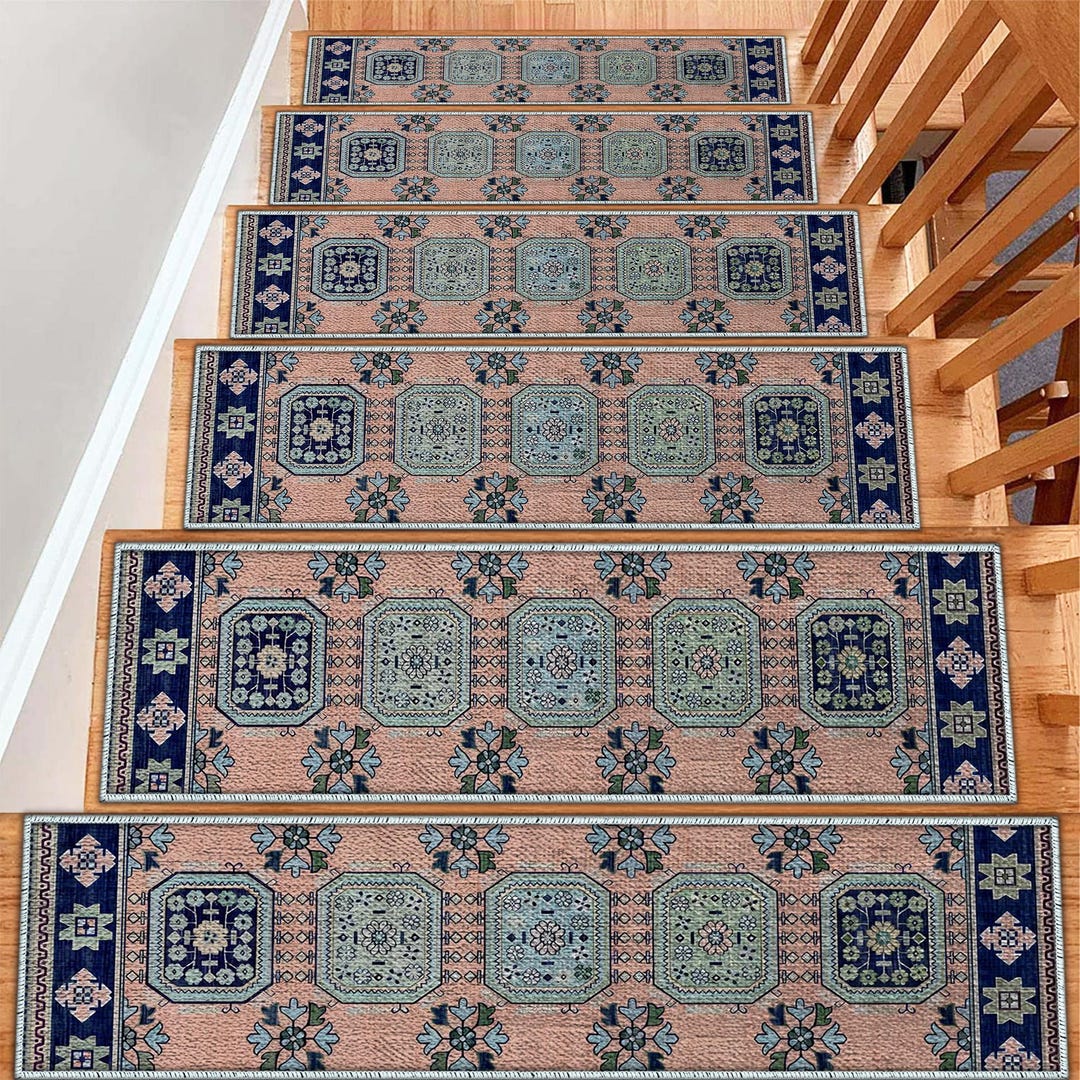 Custom Size Antique Stair Runner - Geometric Blue Stair Carpet - Non ...