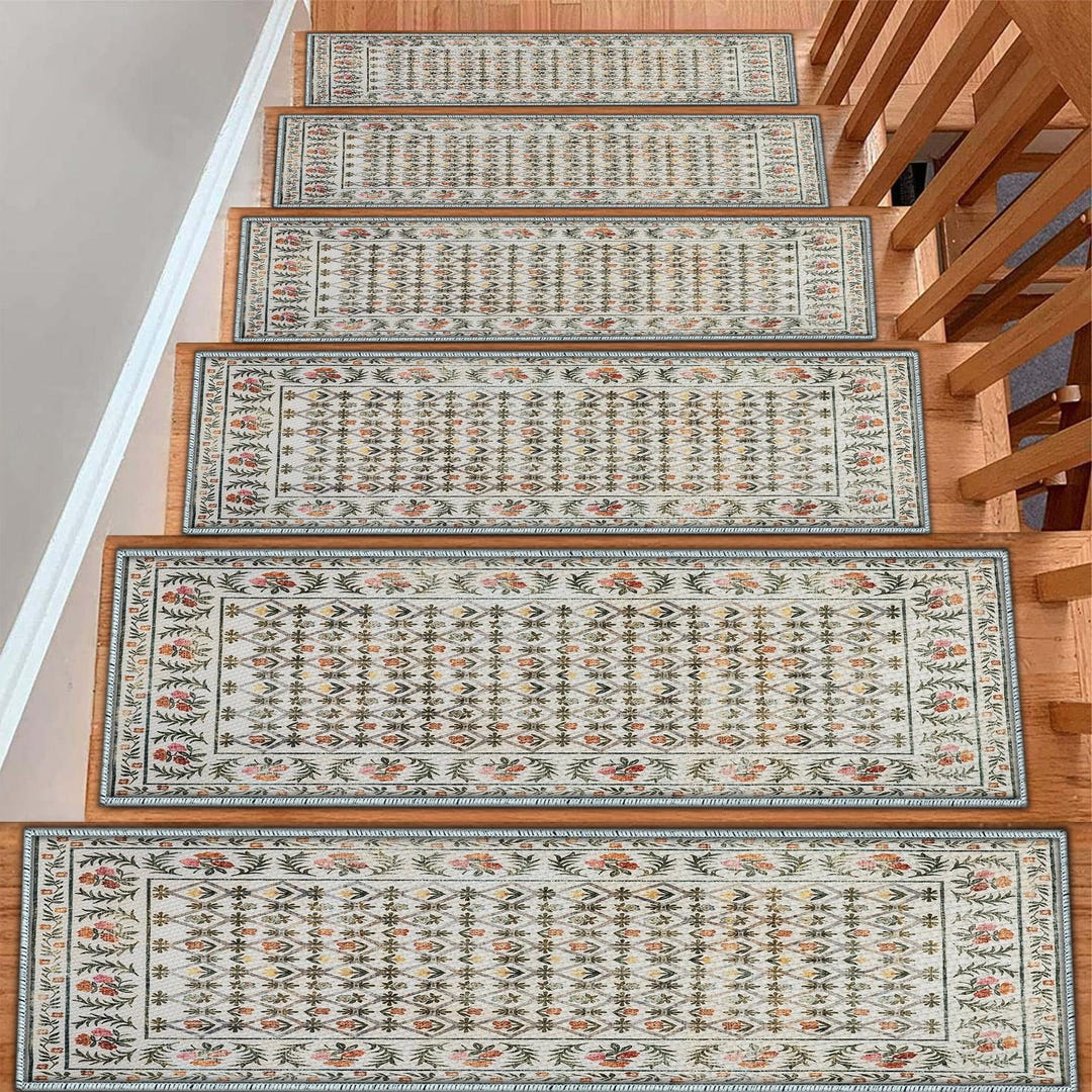 Floral Vintage Stair Tread Rug | Cream Botanical Step Mat | Elegant ...