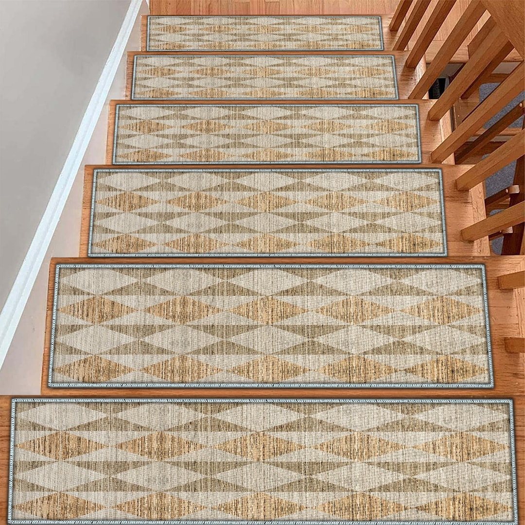 Geometric Boho Stair Tread Rug | Beige & Tan Washable Stair Rug ...