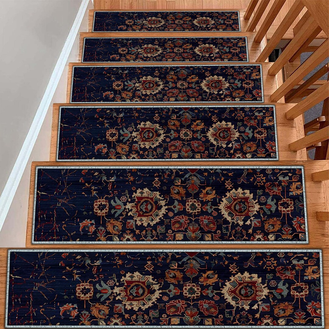 Custom Size Dark Floral Patterned Stair Mat - Oriental Washable Runner ...