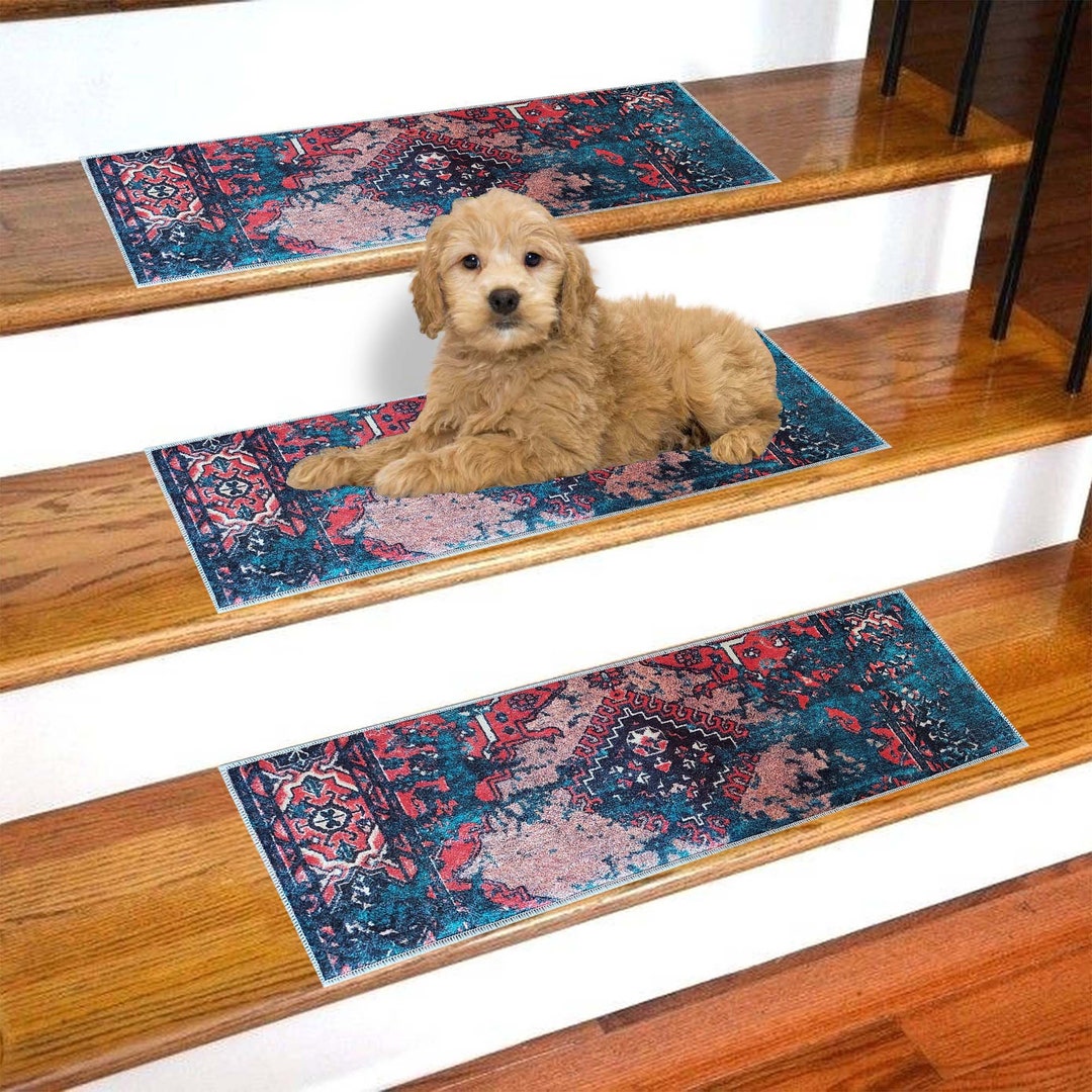 Anatolian Antique Stair Rug, Blue and Red Stair Carpet, Thin Stair Mat ...