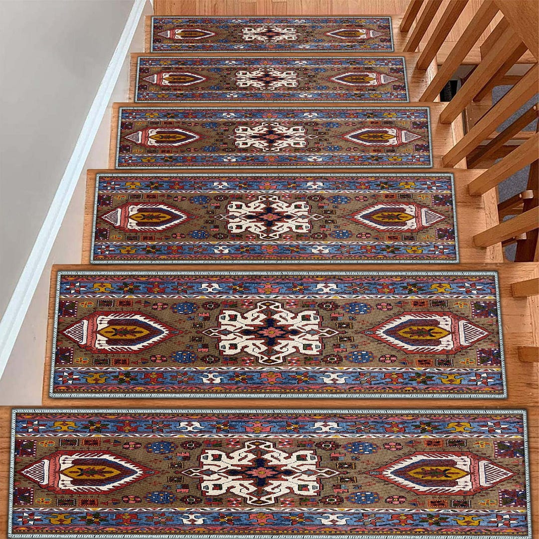 Rustic Boho Stair Tread Rug Set | Washable Non Slip Ethnic Stair Runner ...