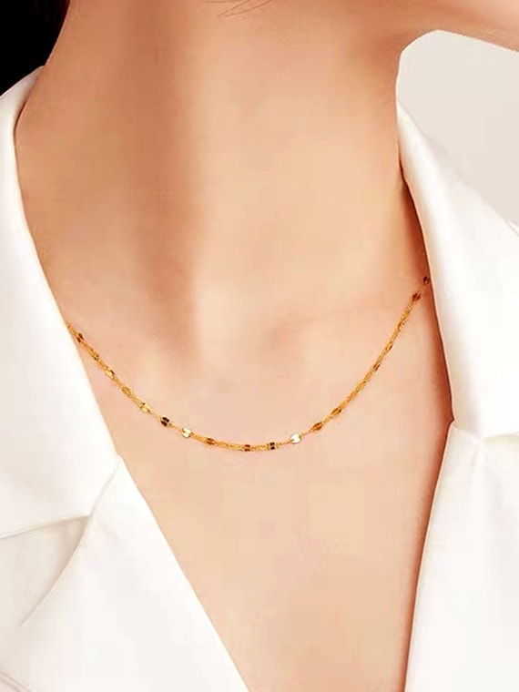 18K Solid Gold Necklace Gold Lips Chain Necklace Minimalist Jewellery Gold Sequin Chain Lightweight Necklace for Women Necklace for Girls