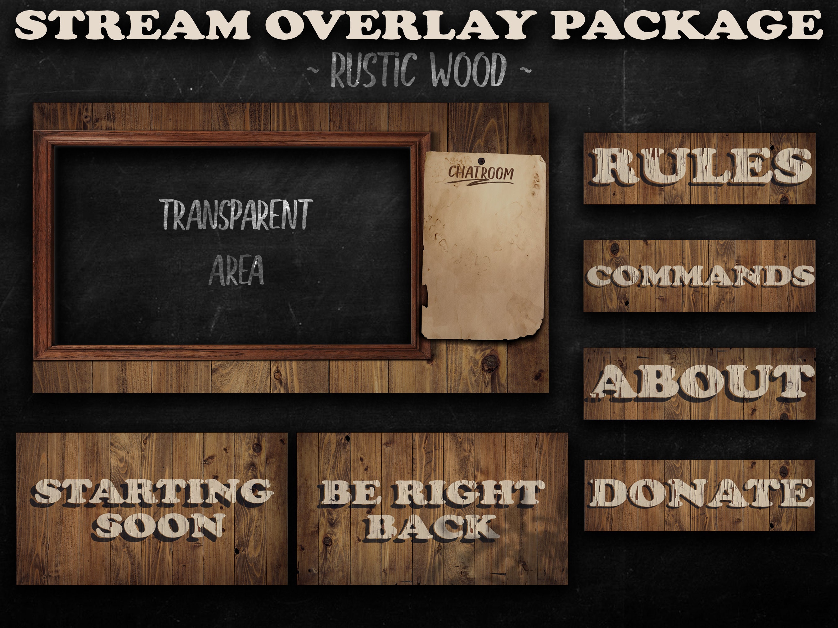 Rustic Wood Twitch Stream Overlay Package | Static Rustic Wood Twitch ...