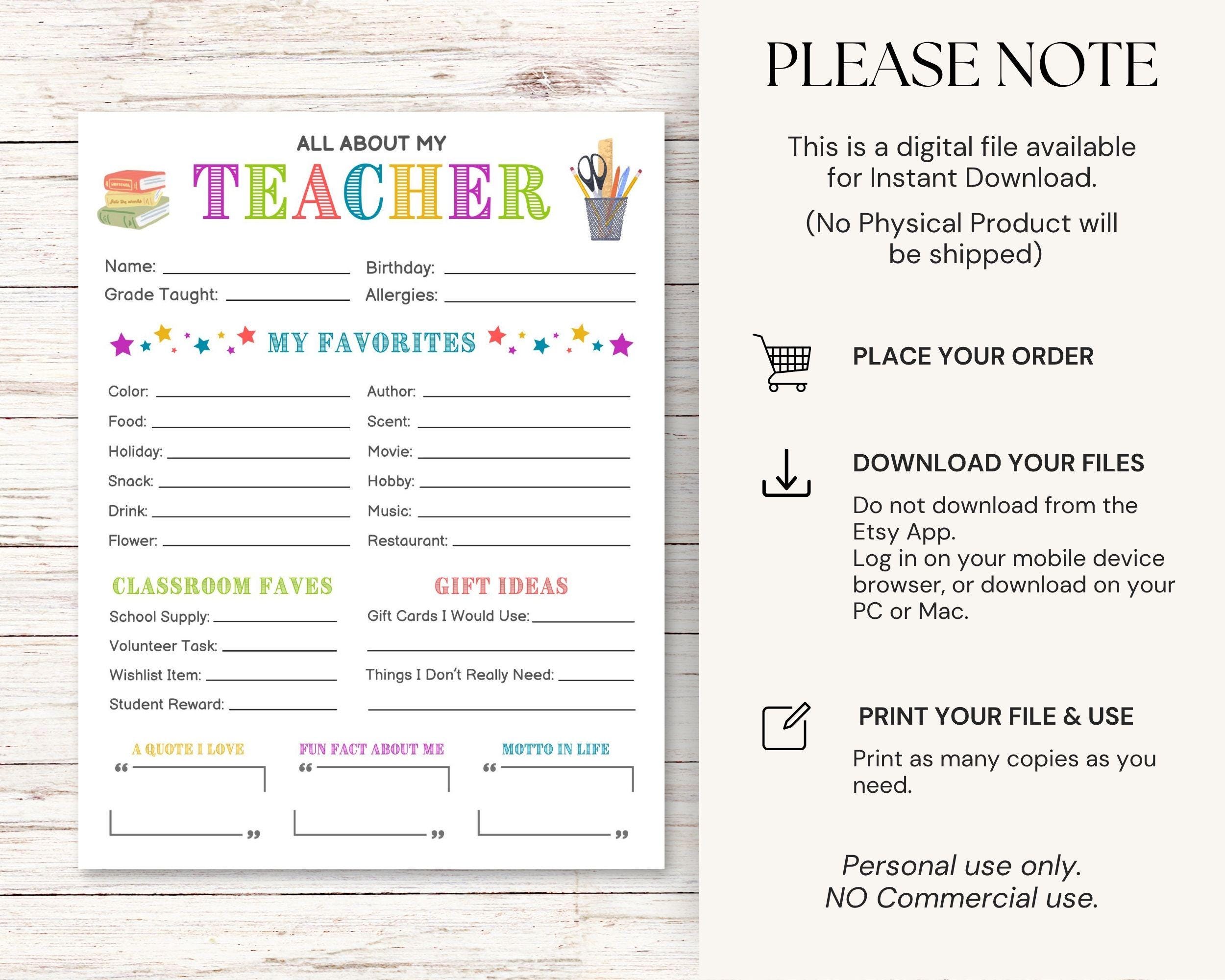 Teacher Favorites Survey: Printable Questionnaire (PDF Download) - Etsy