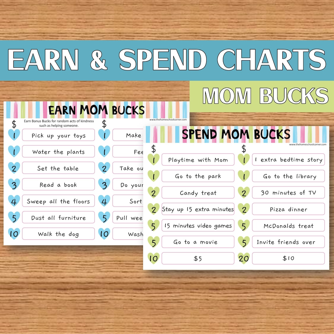 Mom Bucks Chart, Earn Spend Printable Charts, Chore Chart, Reward ...